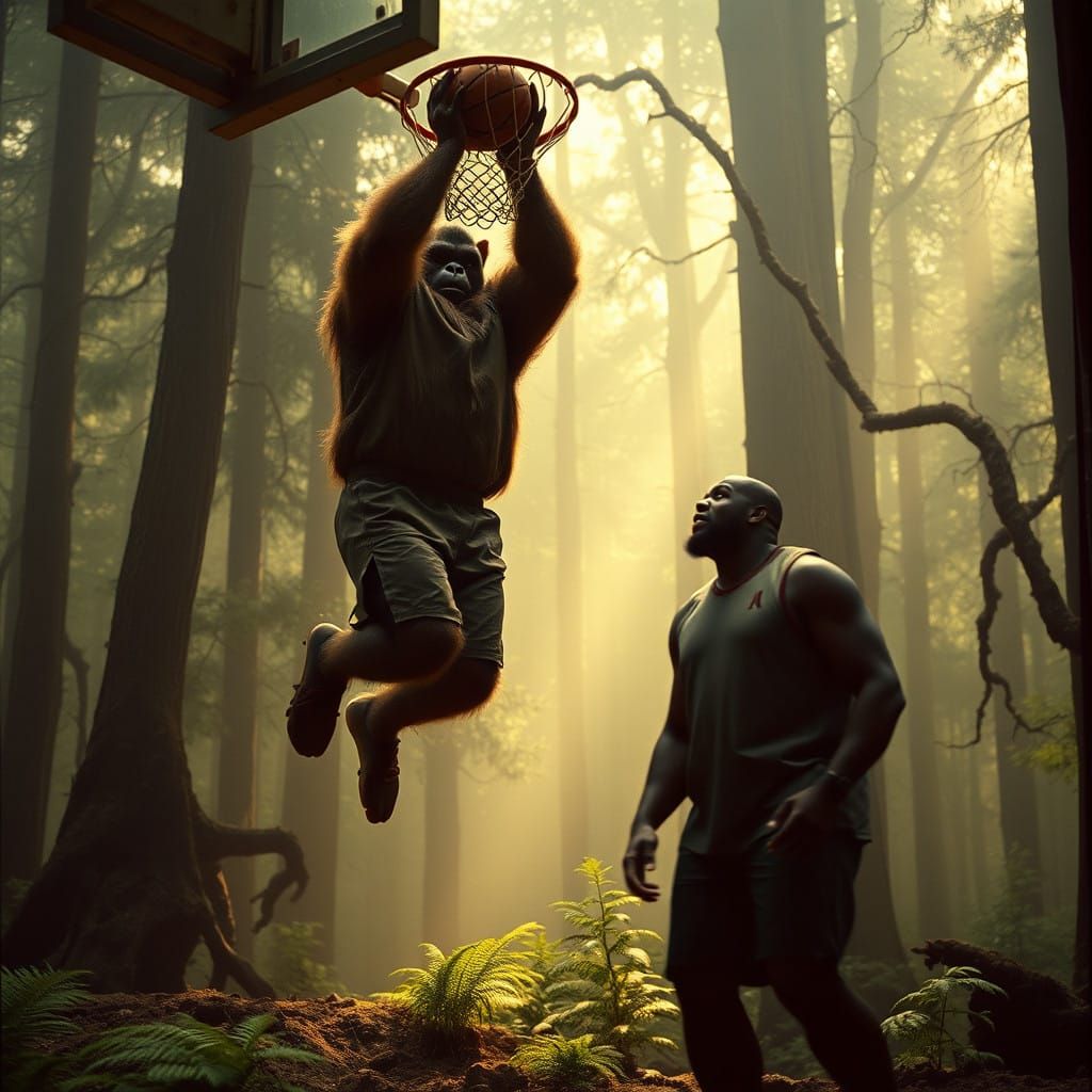 Sasquatch Dunking Shaq in a Haunting Forest - AI Art