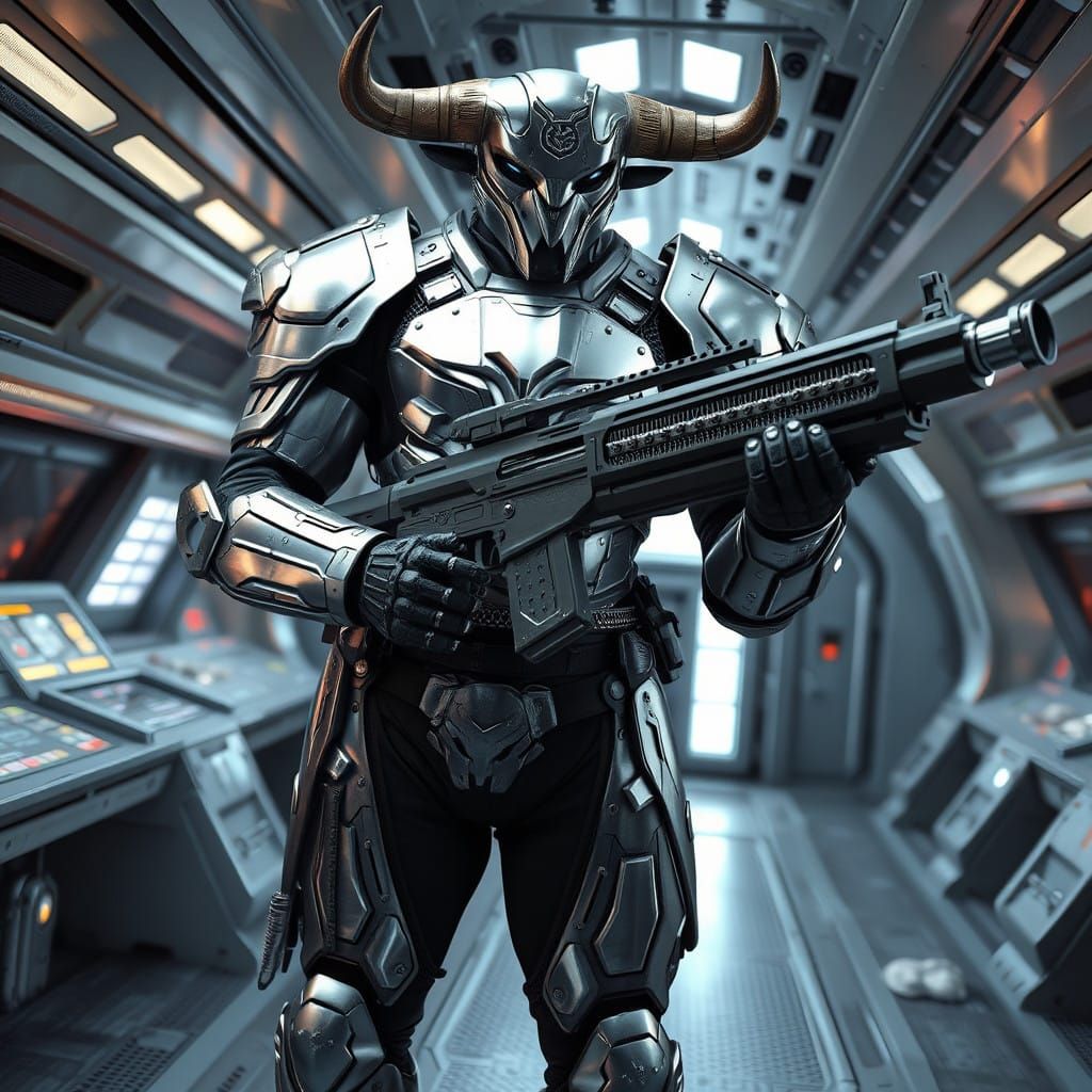 A realistic, full-body sci-fi armored bull warrior, adorned with a ...