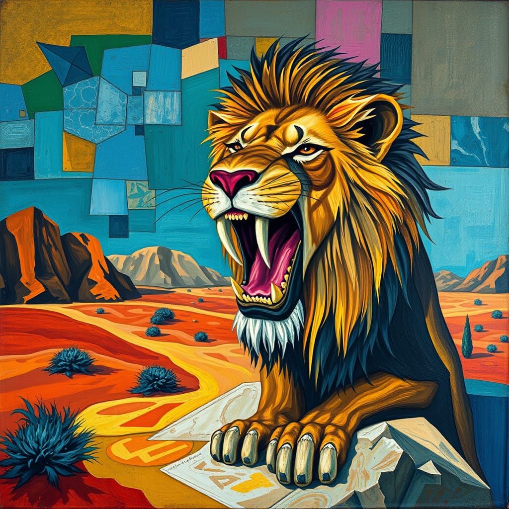 Cubist Landscape with Lion in Vibrant Desert - AI Art