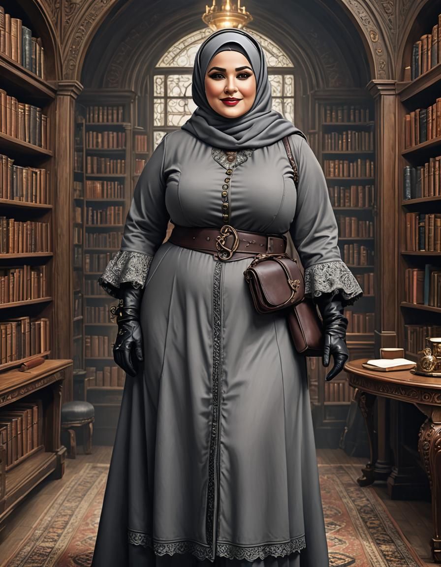 Intricately detailed portrait for steampunk hijabi chubby overweight ...