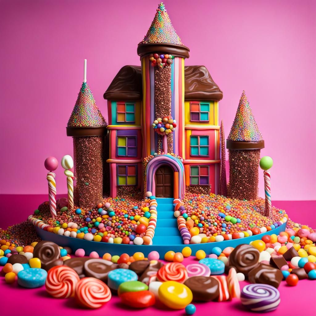create a surreal candy Palace made of candies and chocolate in the ...