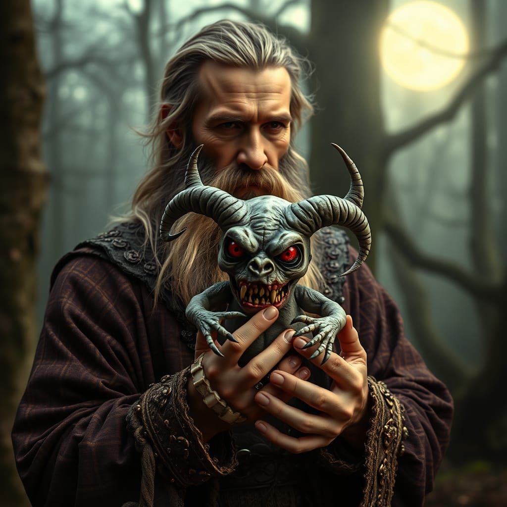 A moody fantasy - Weathered Man with Grotesque Doll in Myst...