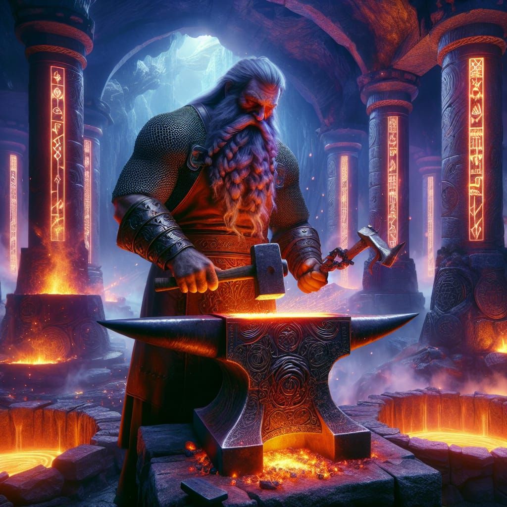 Powerful Dwarf Blacksmith in Dark Fantasy Cavern - AI Art