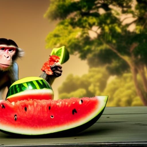 monkey eating watermelon and fried chicken in america - AI Generated Artwork - NightCafe Creator