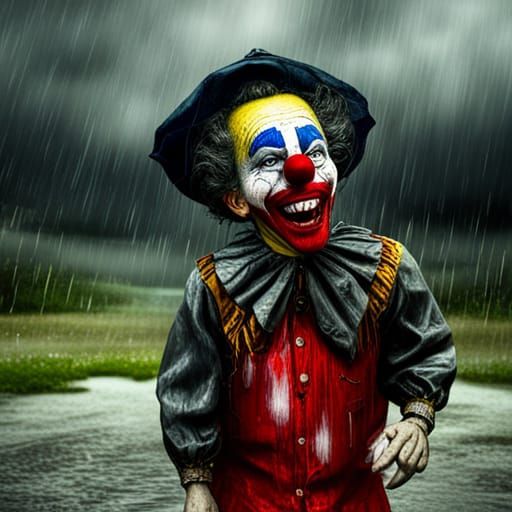 A sad clown, in the rain, 8k resolution, a masterpiece, 35mm ...