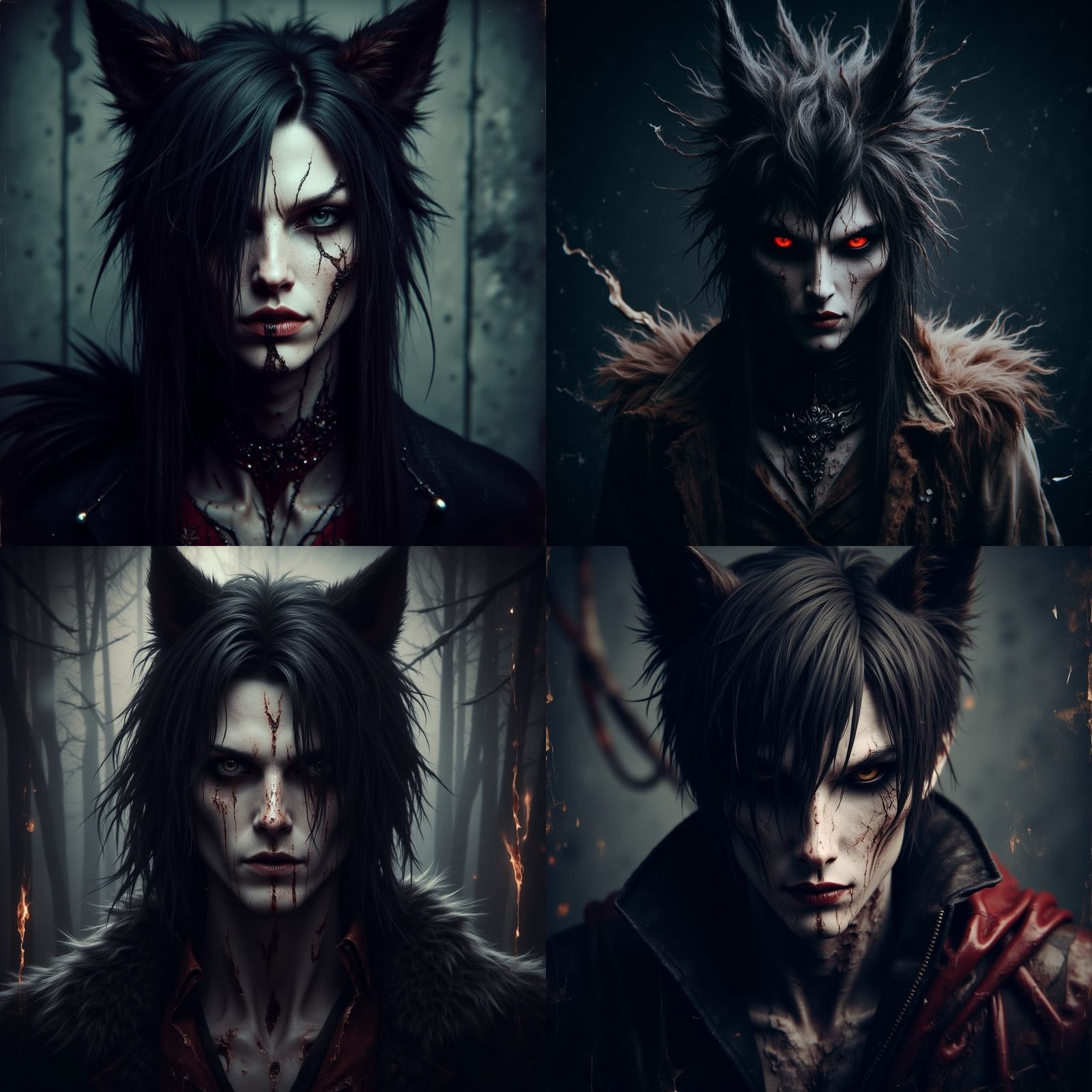 Ethereal Youth with Wolfish Features, Red and Gold... - AI Art