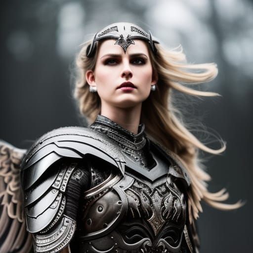 beautiful pale mythical dark valkyrie, black armor, black jewelry ...