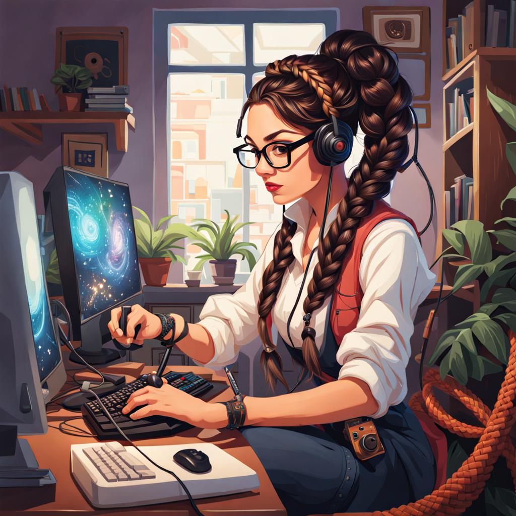 Nerdy girl with glasses, braided hair, sitting at her computer playing ...
