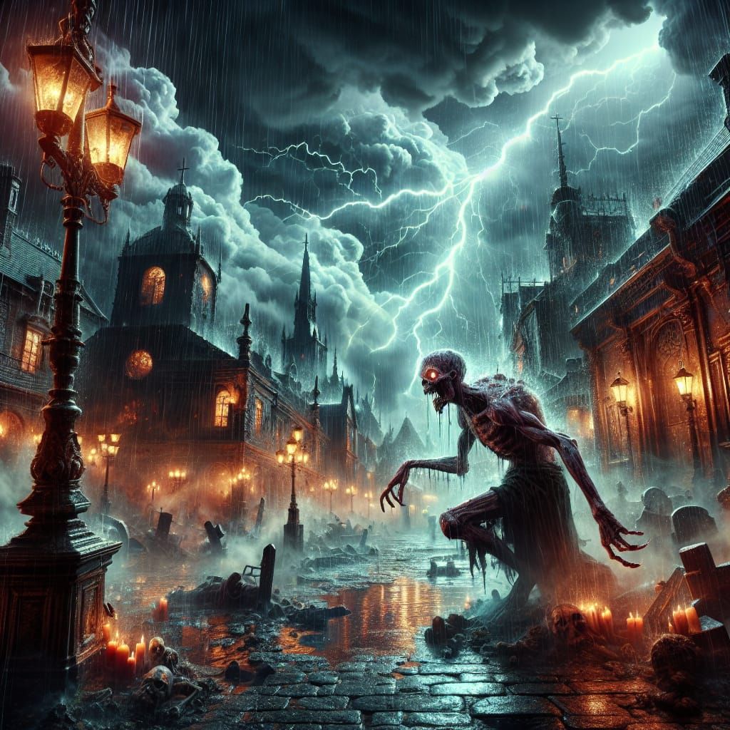 city of the dead, horror, macabre, nighttime, thunderstorm, - AI ...