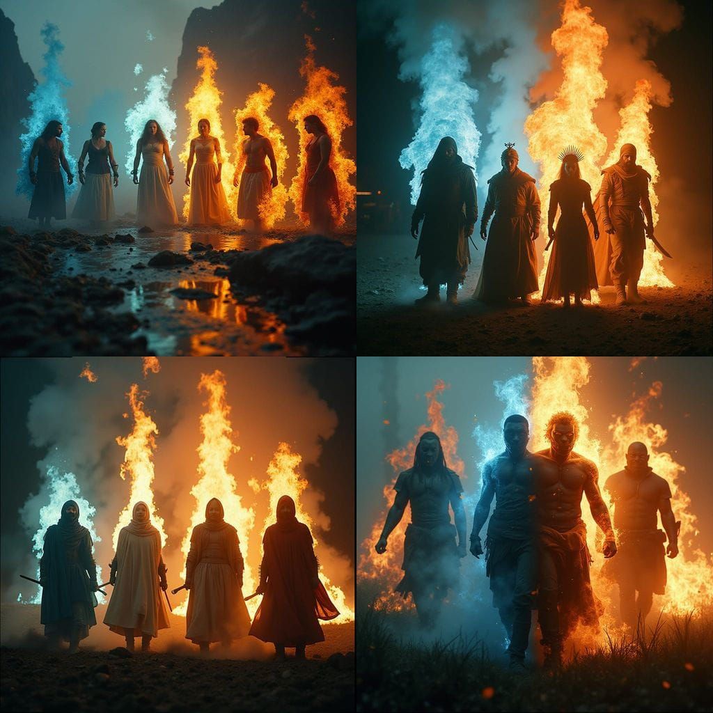 The four elements earth air water fire, personified as human warriors