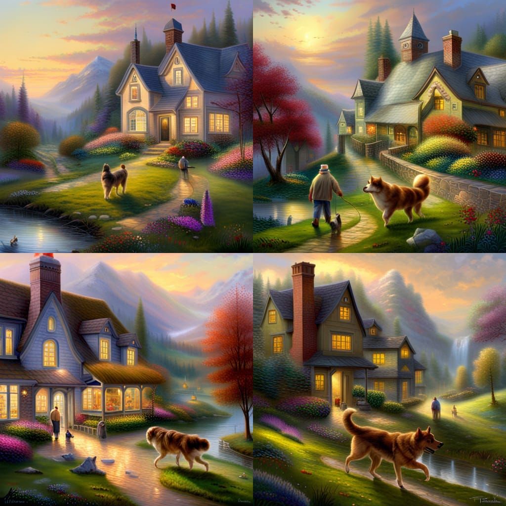 A huge dog leading a blind old man to his home Thomas Kinkade 64 ...