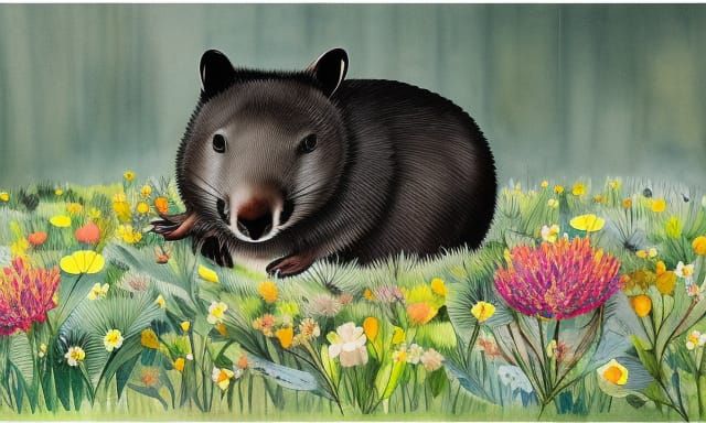 cute wombat sits at a piano in a ruined room, floor covered with grass ...