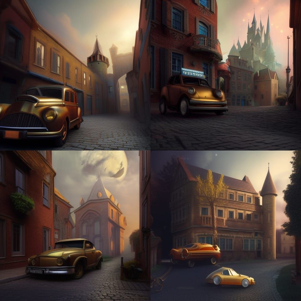 A rustle golden classical car parked in front of a rustle castle in an ...