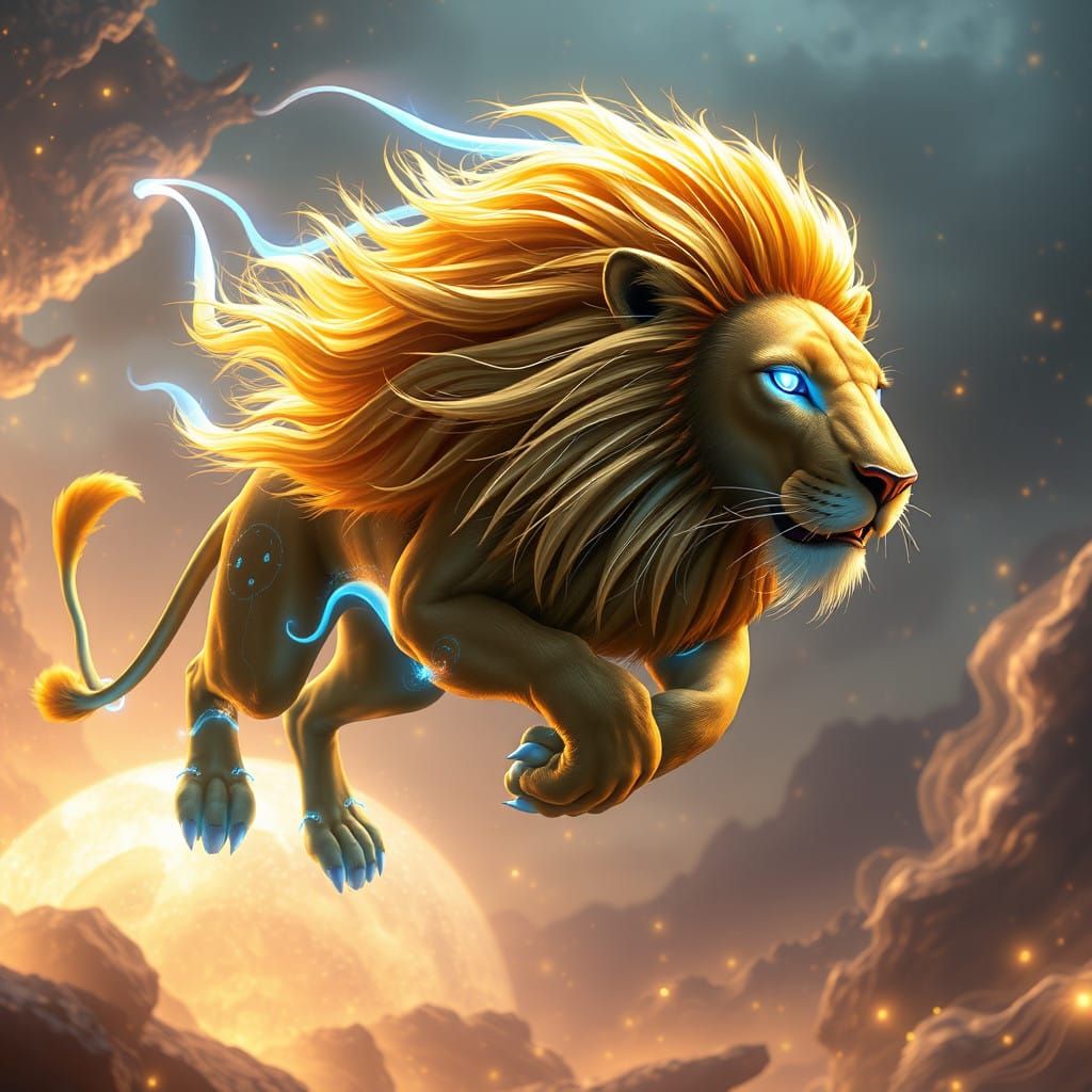 El Poderoso Rey León - Radiant Golden Lion Soars Through Fut...