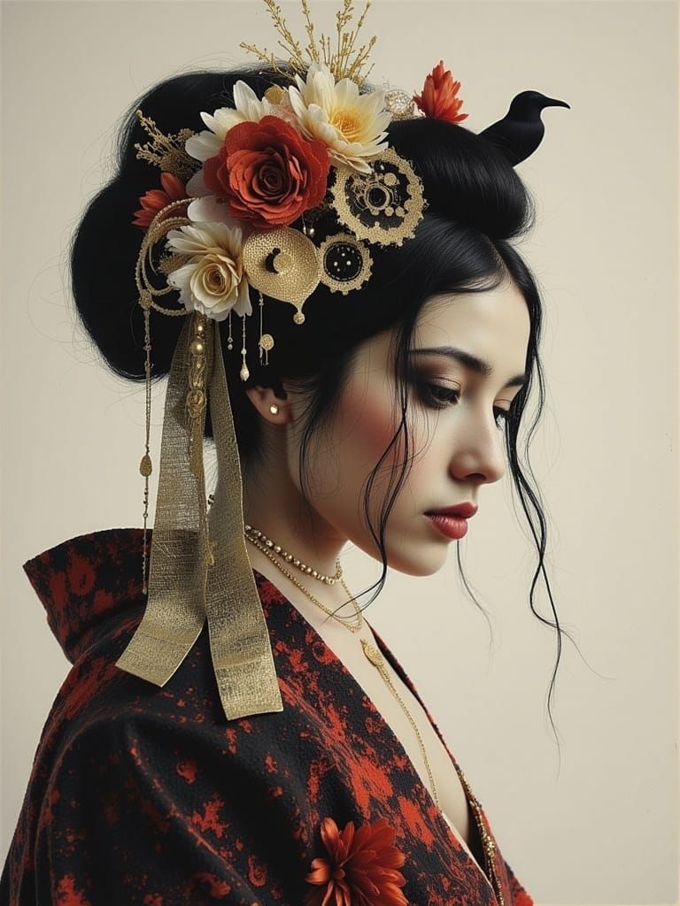 Golden Geisha Portrait in Whimsical Pastel Style - AI Art