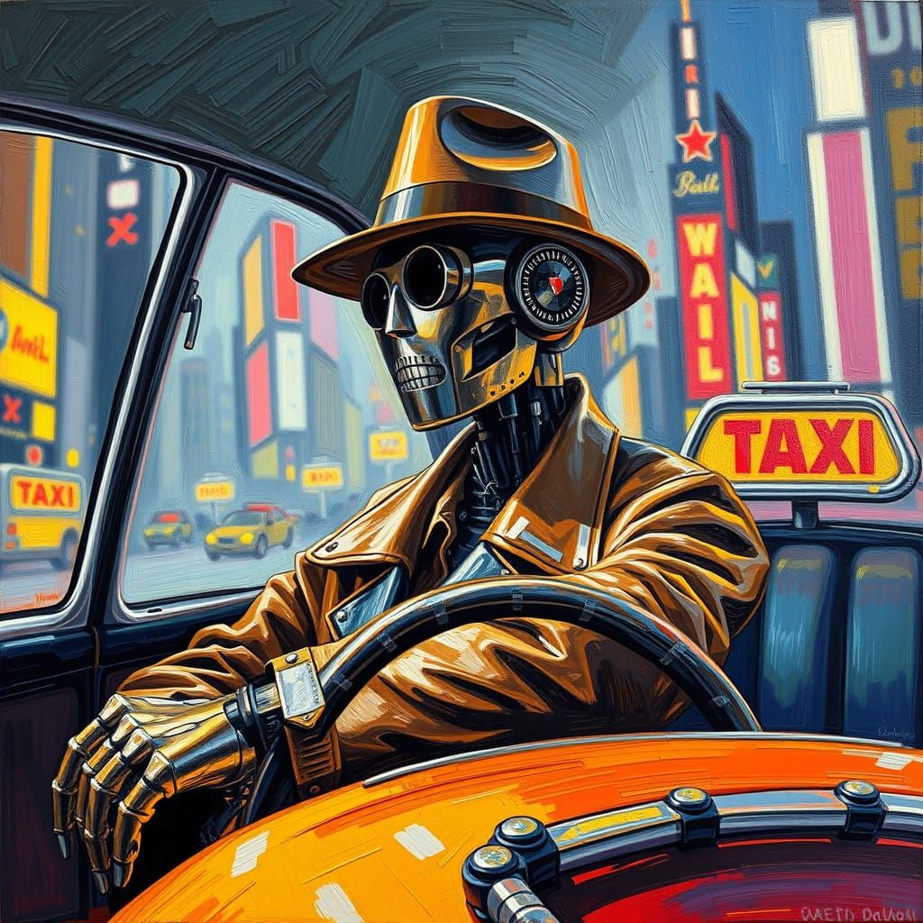 Neo-Impressionist Robot Taxi Driver in 1950s Citys... - AI Art