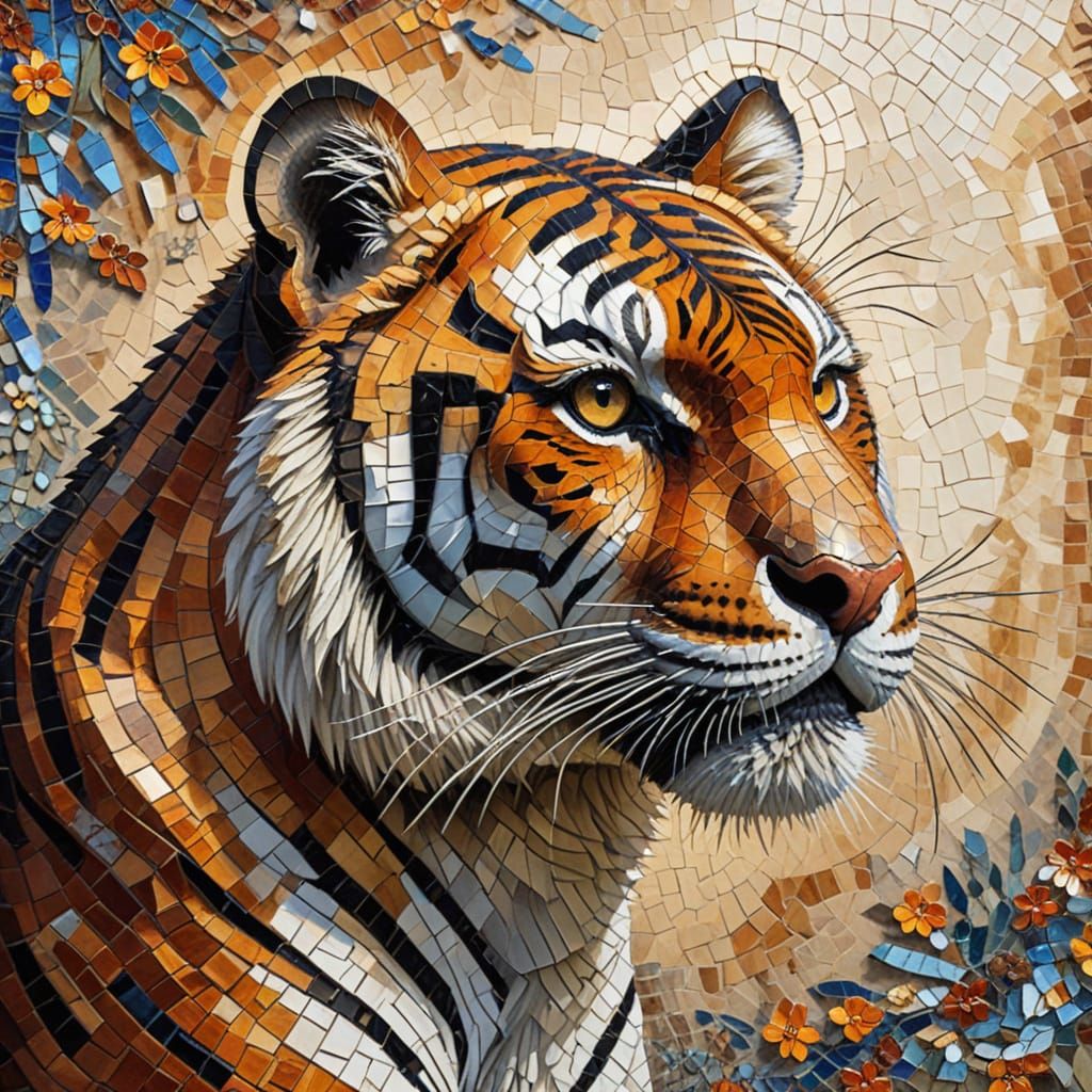 Realistic oil painting. A wall mosaic depicting a tiger. The mosaic ...
