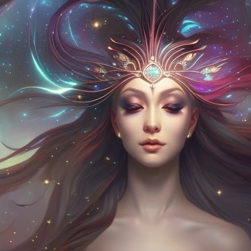 Beautiful Nymph with sparkles in her hair, elaborate hair arrangement ...