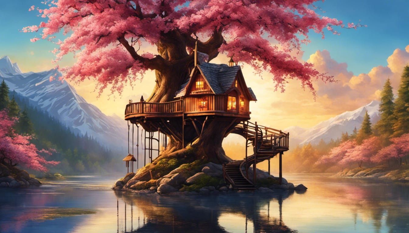 Adorable treehouse in a blossoming cherry tree at the edge of mountain ...