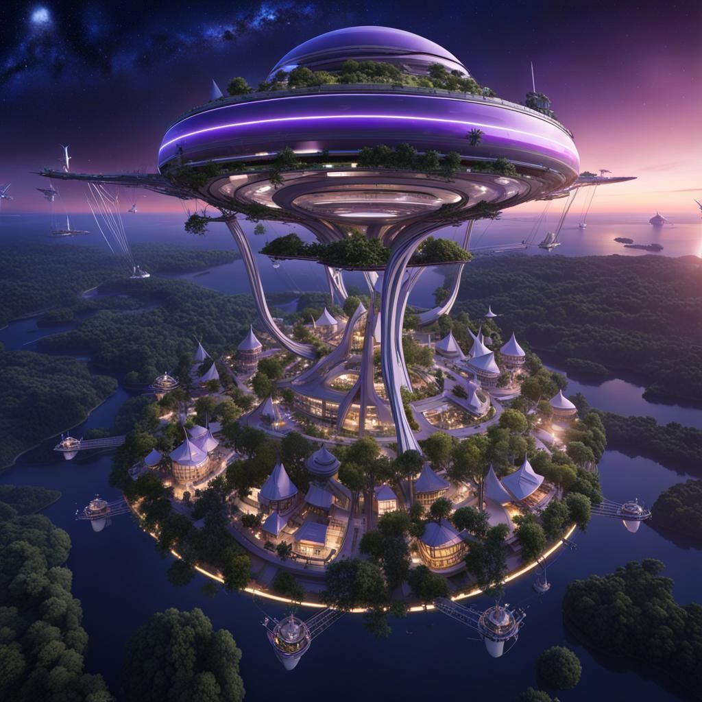 Professional shot of a huge futuristic wind-powered (flying town:1.5 ...