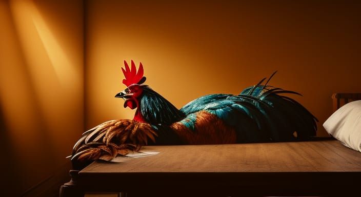 Rooster in bed waking itself up in the morning. - AI Generated Artwork ...