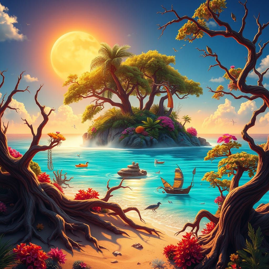 Deserted Island - Enchanted Tropical Oasis in Vibrant Sunset