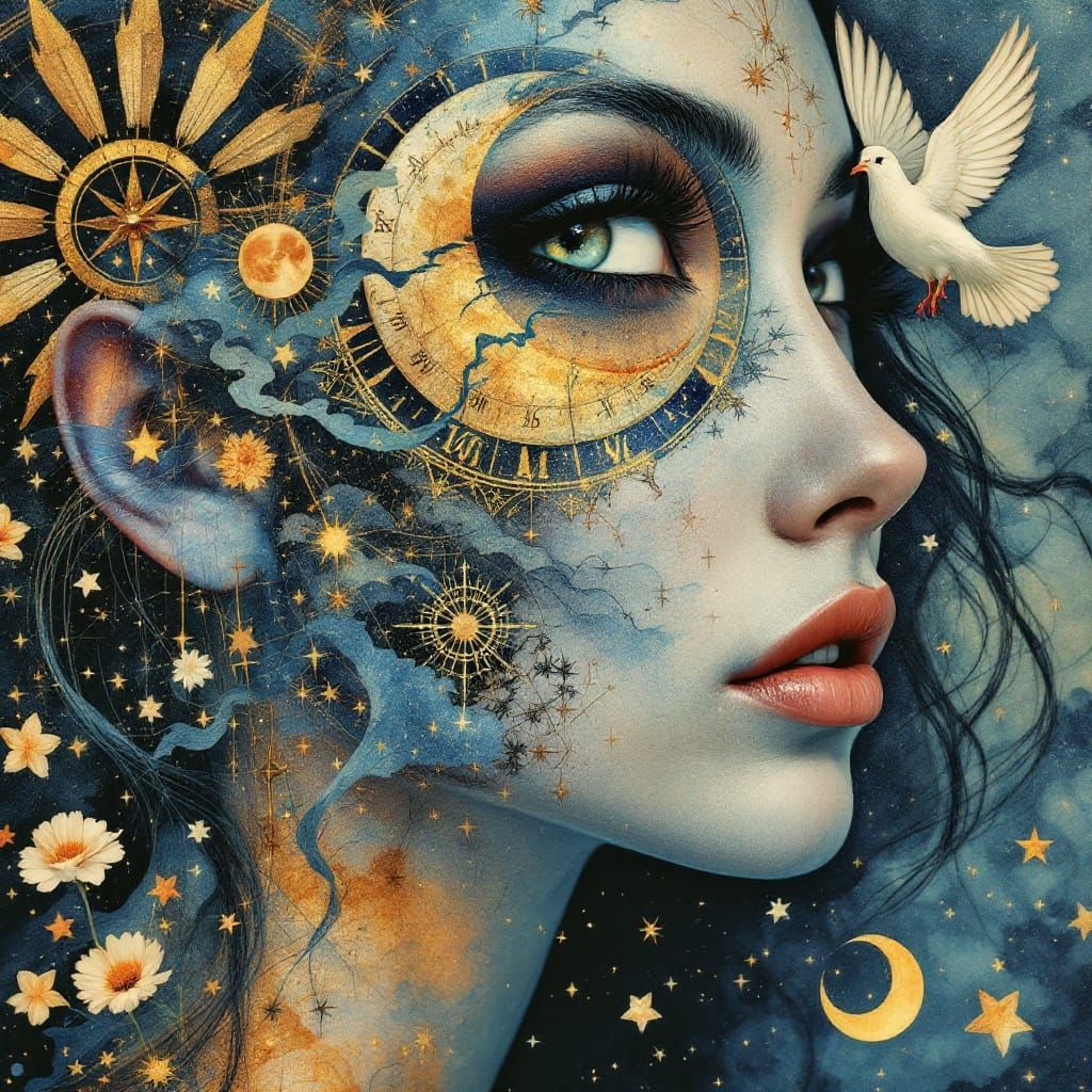 Collage - Fantasy Collage of Starry Dreams in Watercolor