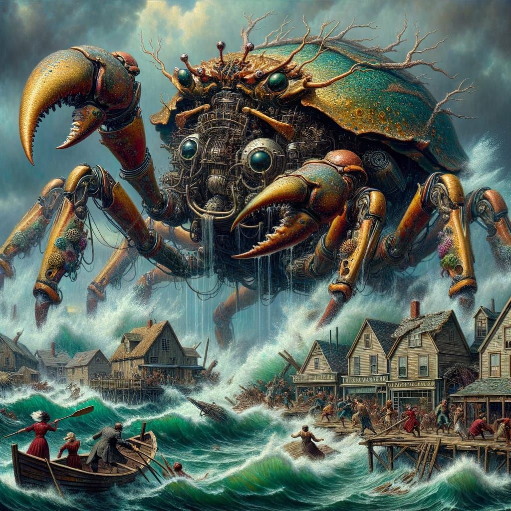 Cyborg Crab Emerges from Turbulent Ocean in 19th-C... - AI Art