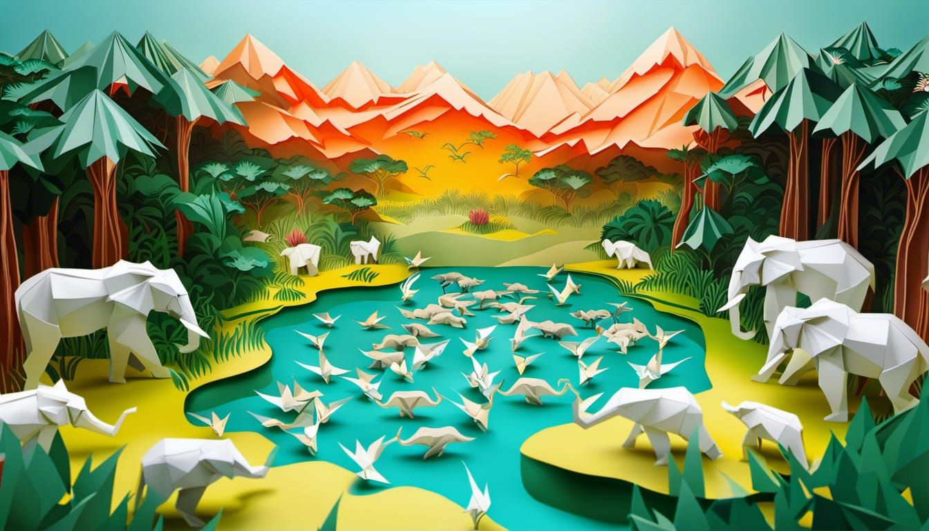 Origami Watering Hole - AI Generated Artwork - NightCafe Creator