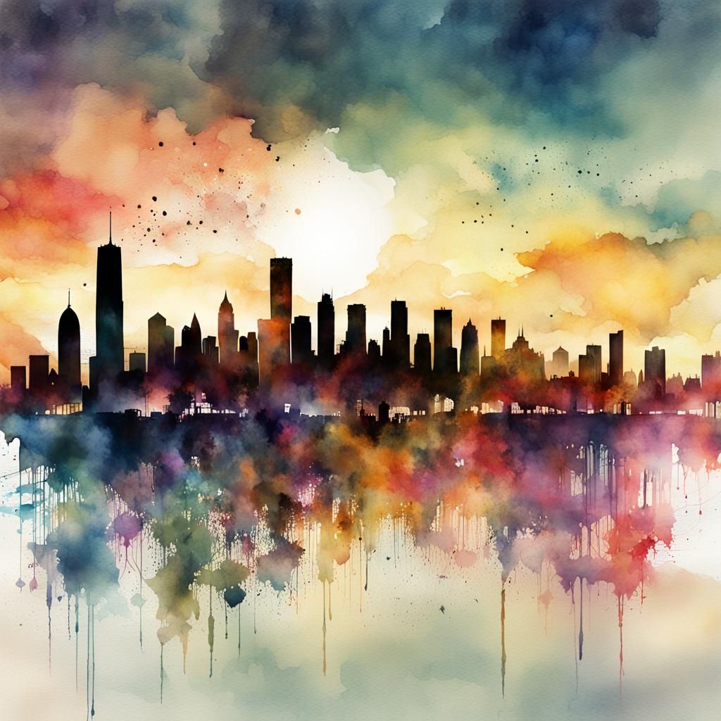 "Silhouette city skyline culture Digital watercolor Illustration of a ...