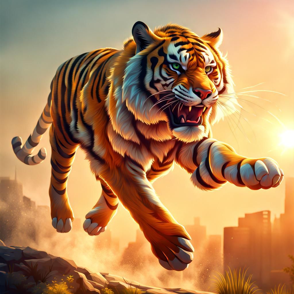 A fierce Tiger leaps in the air 8k resolution concept art sunshine rays ...