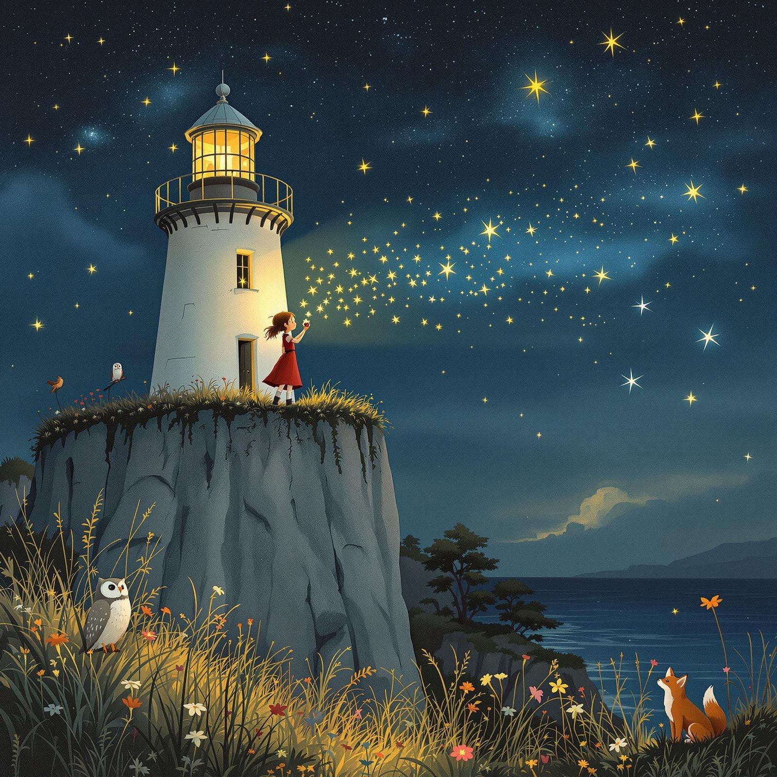 Romantic Lighthouse Scene in Vintage Naive Paintin... - AI Art