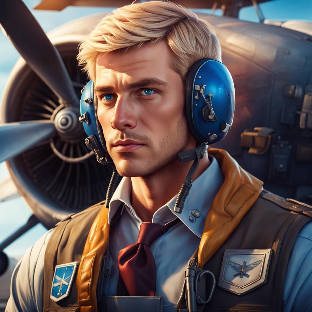 Handsome blonde pilot with his airplane. - AI Generated Artwork ...