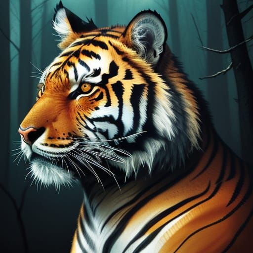 Majestic Black Maned Tiger in Vibrant Watercolor - AI Art