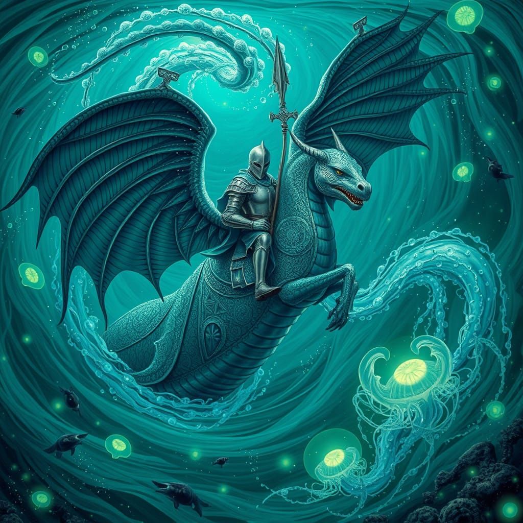 Teutonic Knight Rides Majestic Winged Léviathan Th... - AI Art
