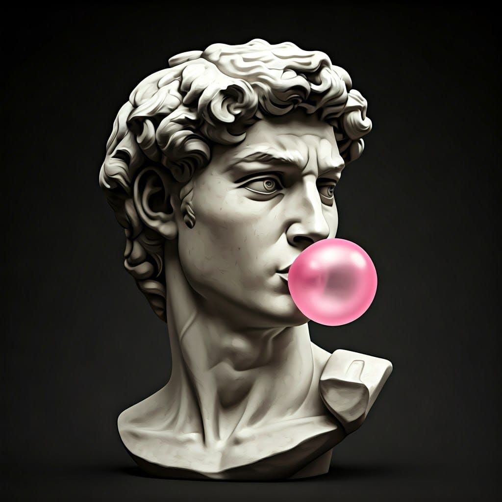 The bust of David blowing a bubble with bubble gum