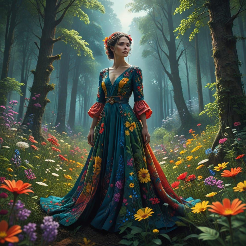 Summer Goddess in Vibrant Forest - AI Art