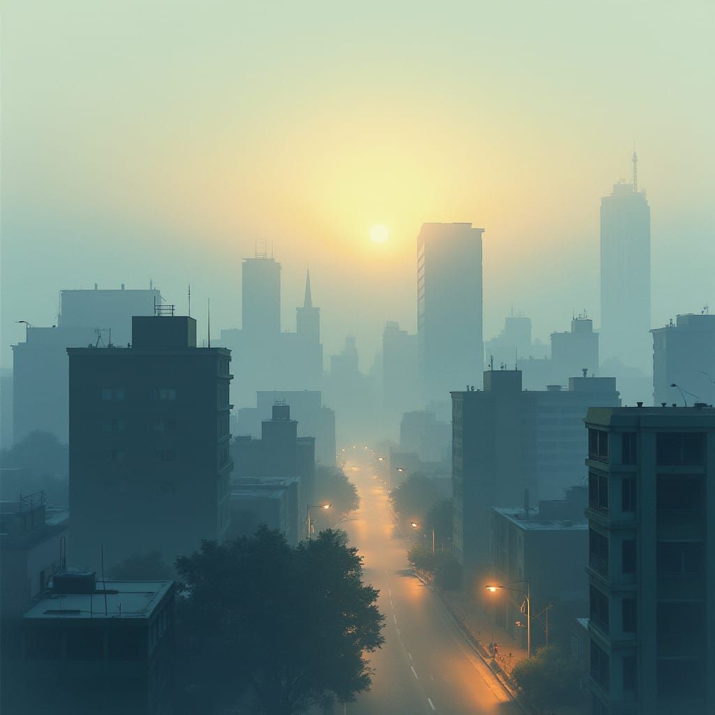 Soft morning light illuminates a serene cityscape at 5:56, with misty ...