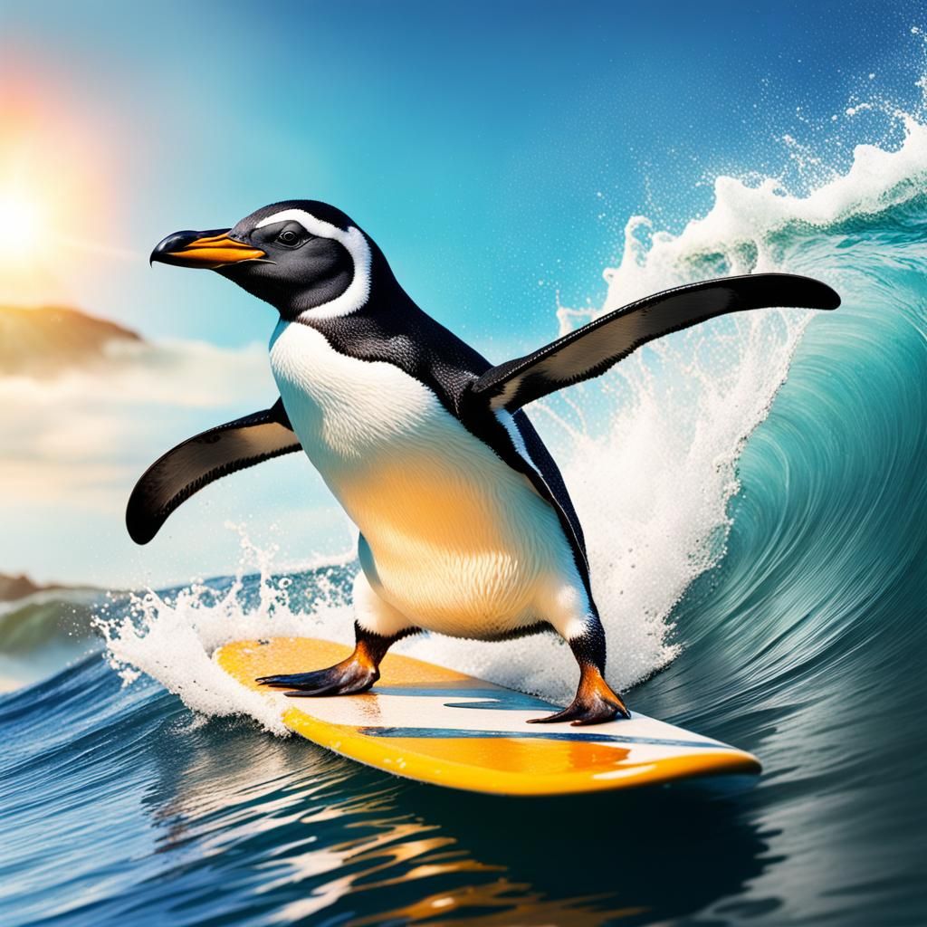 Surfing Penguin - AI Generated Artwork - NightCafe Creator