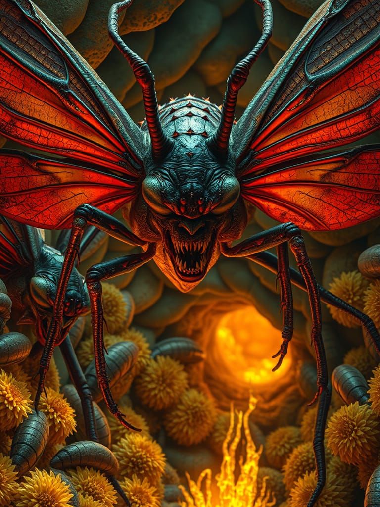 Grotesque insect-women with thorned wings, glowing veins, melting faces ...
