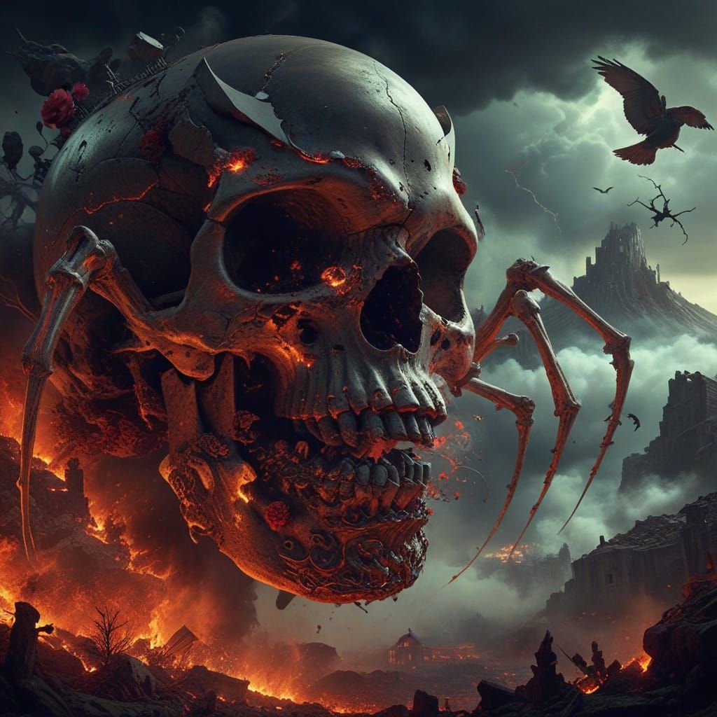 Burning Apocalypse with Roses and Skull in Red Haz... - AI Art