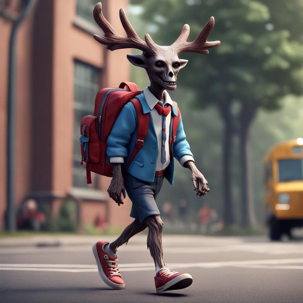 Cute wendigo going to elementary school, uniform, backpack, sneakers ...