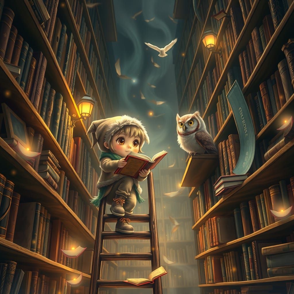 libraries - young librarian and his owl