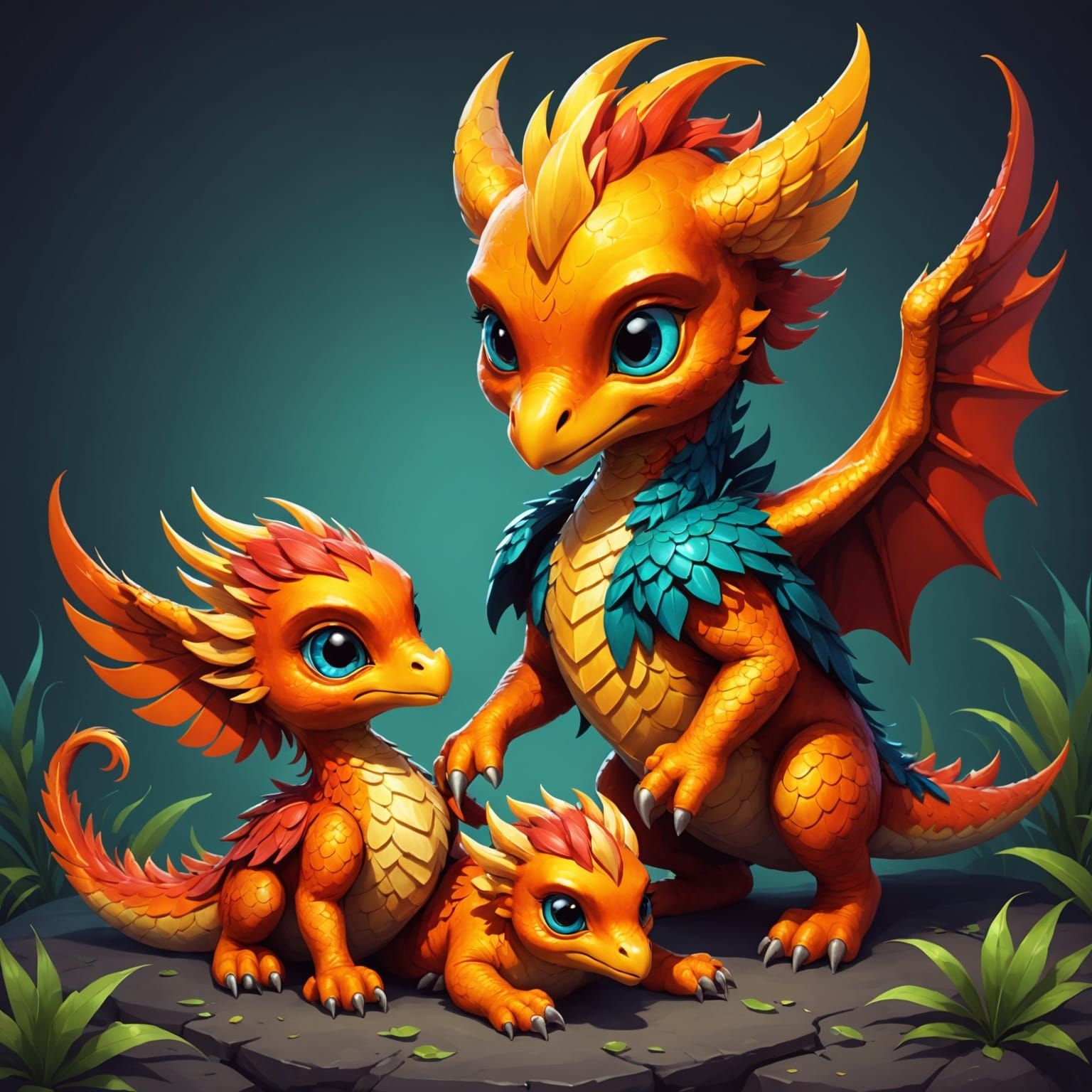 Adorable Baby Phoenix and Dragon Laying Together - AI Art