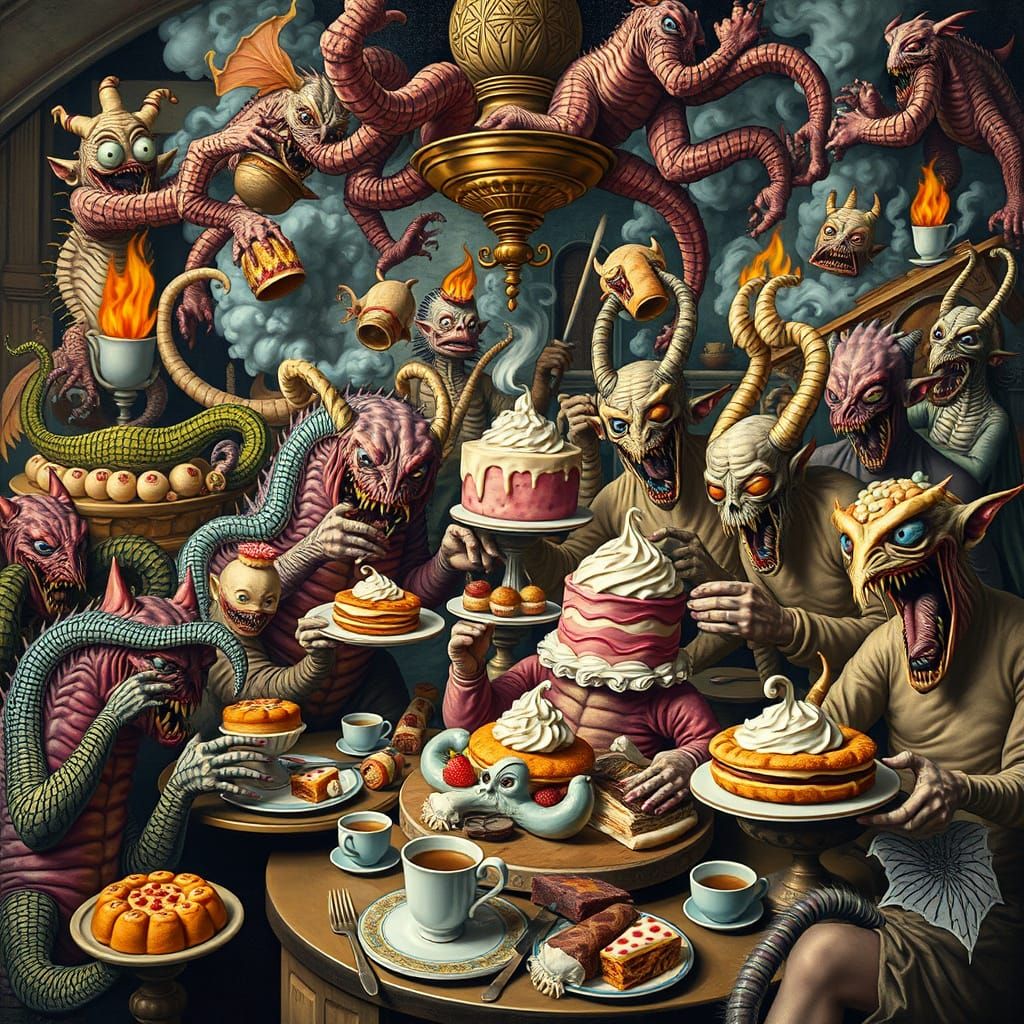 Demonic tea and cakes 🧁 🫖 - Grotesque Bakery Scene in Vib...