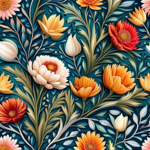 seamless repeating pattern of flowers, light colors in the style of ...