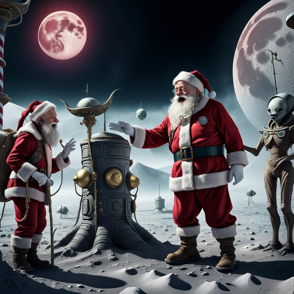 Santa Claus meeting aliens on the moon Pole for a hearty laugh together ...