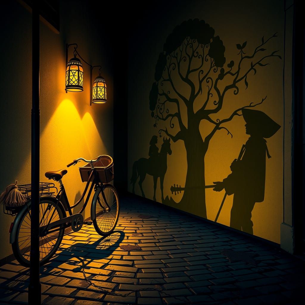 shadows on the street - Golden Glow of a Lantern on a Cobble...