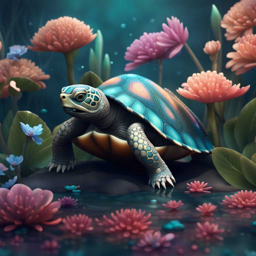 cute turtle with flowering background. With japonaise fish. With baby ...