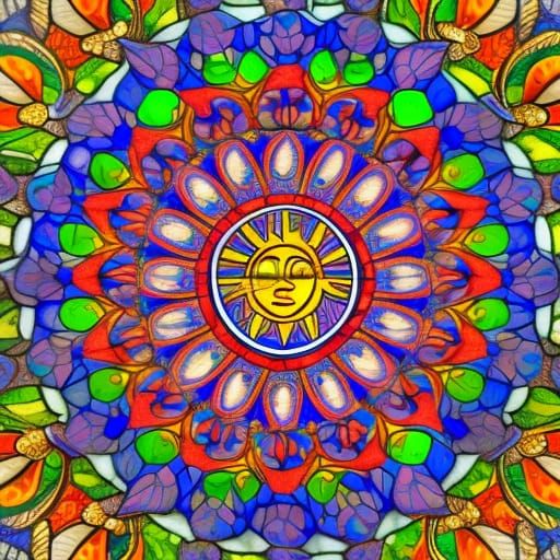 Meticulously detailed psychedelic stained glass mandala with smiling ...